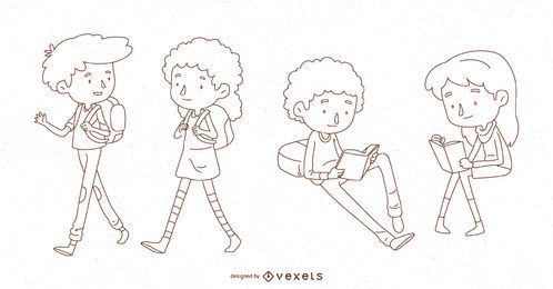 School Kids Line Character Set Vector Download