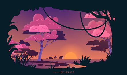 Safari Sunset Illustration Design Vector Download