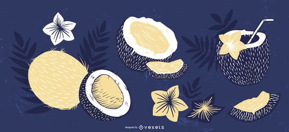 Coconut Elements Blue Set Vector Download