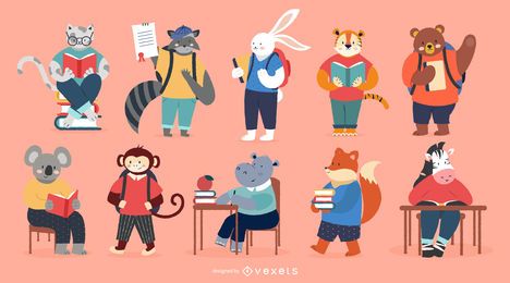 School Animals Character Set Vector Download