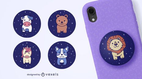 Cute Space Animals Popsocket Set Vector Download
