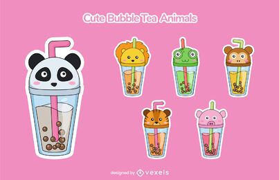 Cute Bubble Tea Animal Cup Set Vector Download