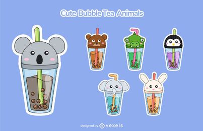 Cute Animal Bubble Tea Set Vector Download