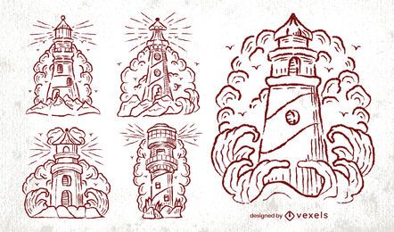 Lighthouse Vintage Hand-drawn Set Vector Download