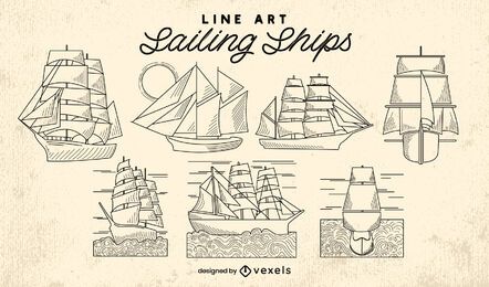Sailboat Ships Ocean Line Art Set Vector Download