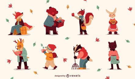 Animal Autumn Season Cute Character Set Vector Download