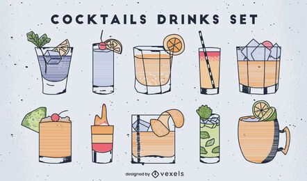 Cocktail Drinks Colorful Line Art Set Vector Download