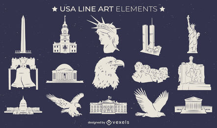United States Cultural Line Art Element Set Vector Download