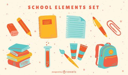 School Supplies Elements Flat Set Vector Download