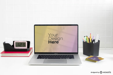 Laptop With Stationary Elements In Clear Desk Mockup PSD Editable Template