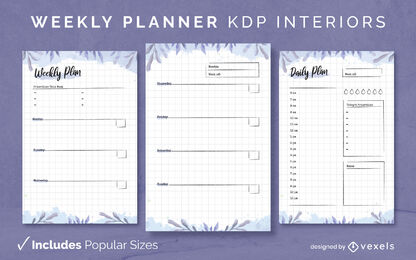 Watercolor Leaves Planner Diary Design Template KDP Vector Download