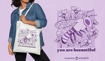 Bee With Flowers Nature Tote Bag Design Vector Download