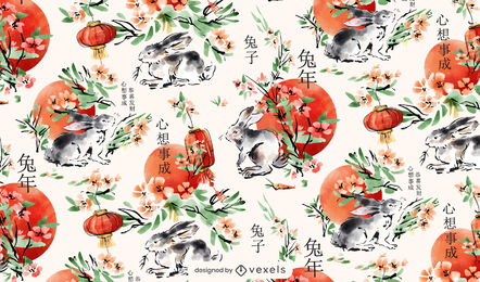 New Year Floral Rabbit Pattern Design Vector Download