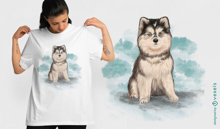 Pomsky Dog Drawing T-shirt Design PSD Editable Template