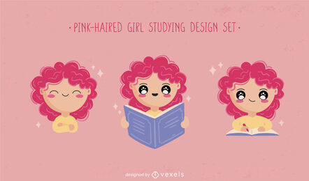 Cute Girl Studying Design Set Vector Download