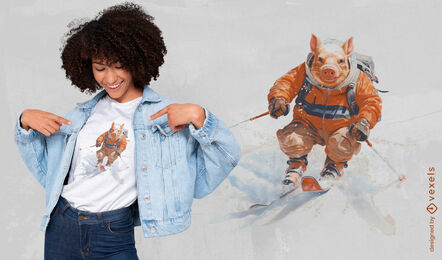 Skiing Pig In The Snow T-shirt Design PSD Editable Template